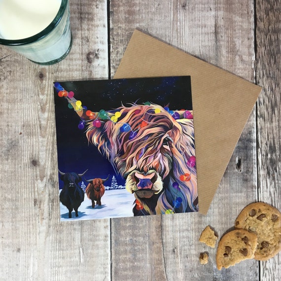 Highland Cow and Lights Christmas Card | Etsy