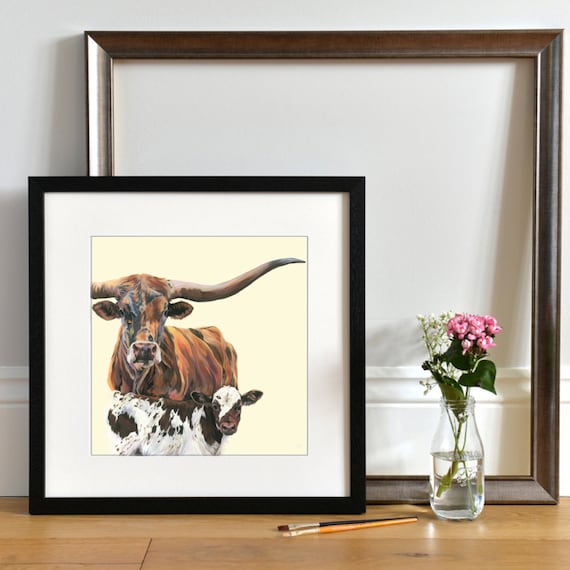 Texas Longhorn Cow and Calf Print | Etsy