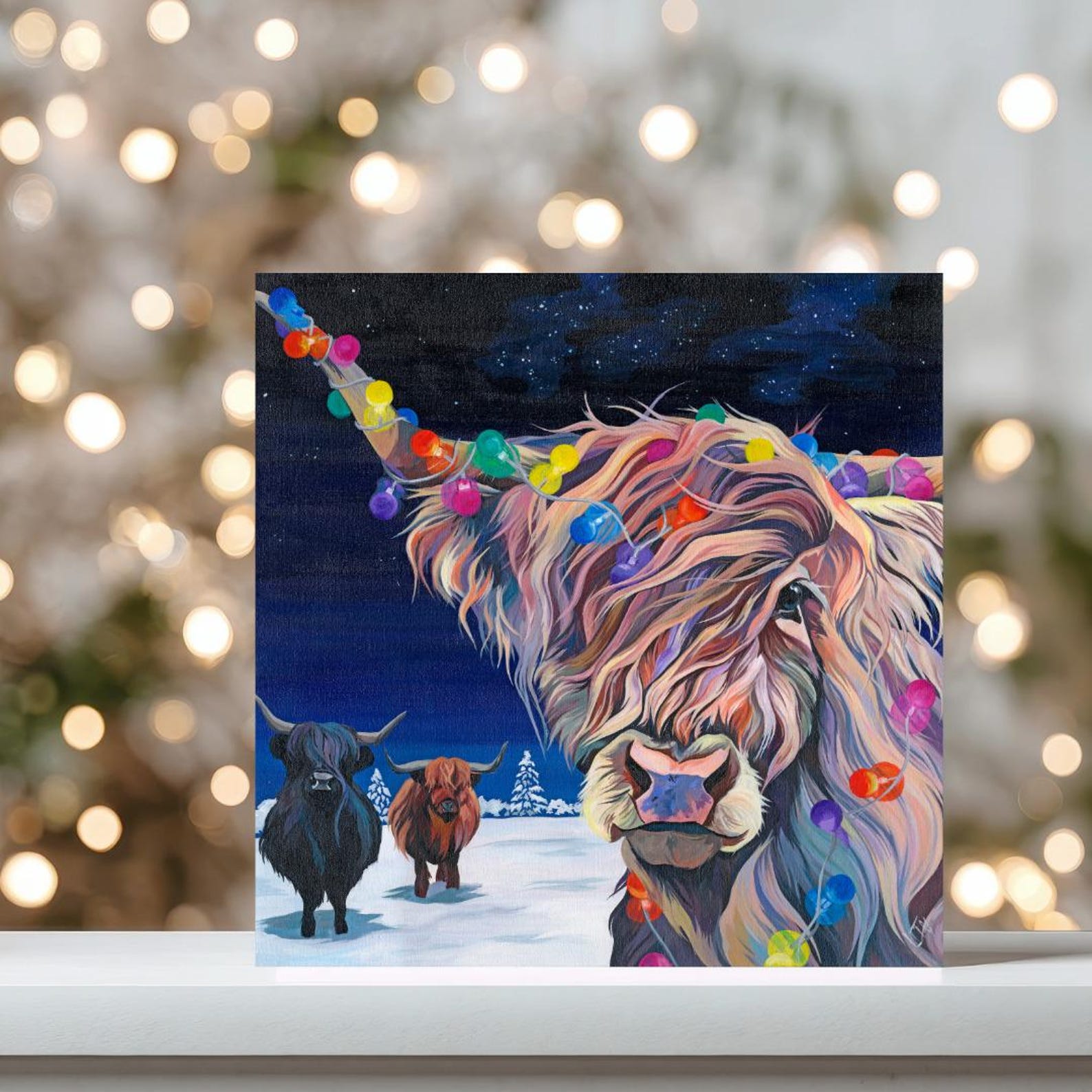 Highland Cow and Lights Christmas Card - Etsy