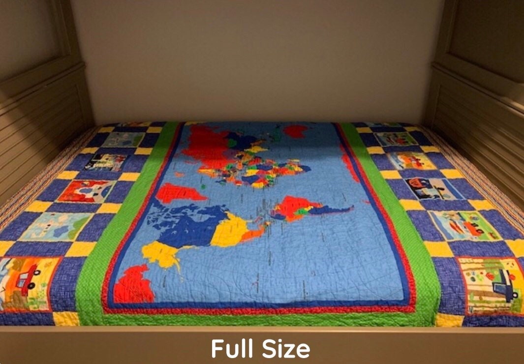 World Map Travel Quilt in Primary Colors | Etsy