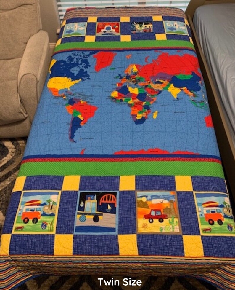 World Map Travel Quilt in Primary Colors | Etsy