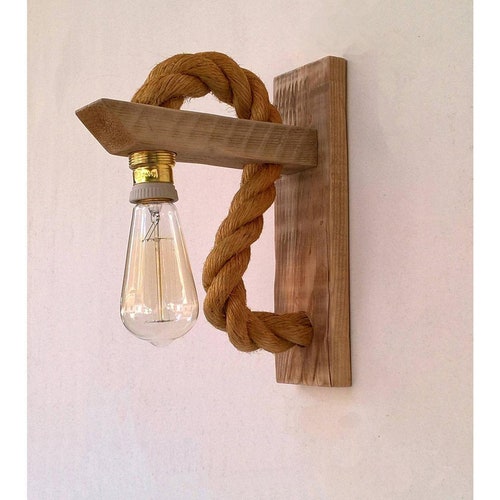Reclaimed Wood Sconce With Rope Rope Wall Lamp Lighting - Etsy