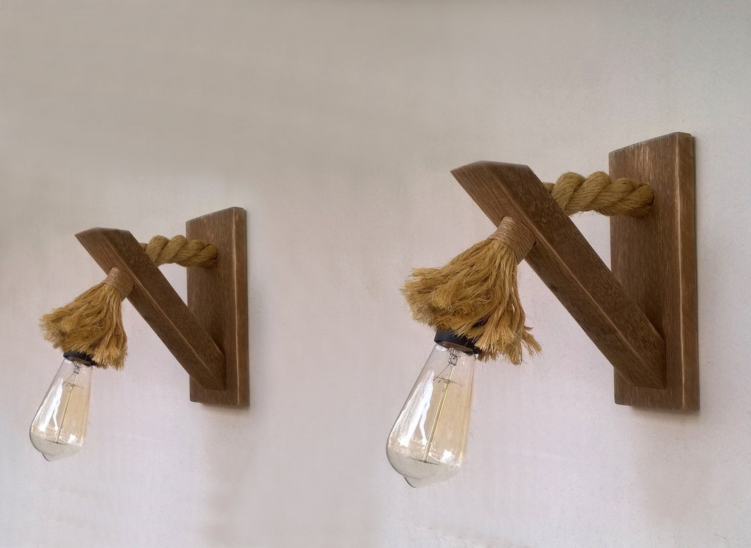 Pair of Wall Lamp With Rope, Reclaimed Wood Sconce With Rope ...