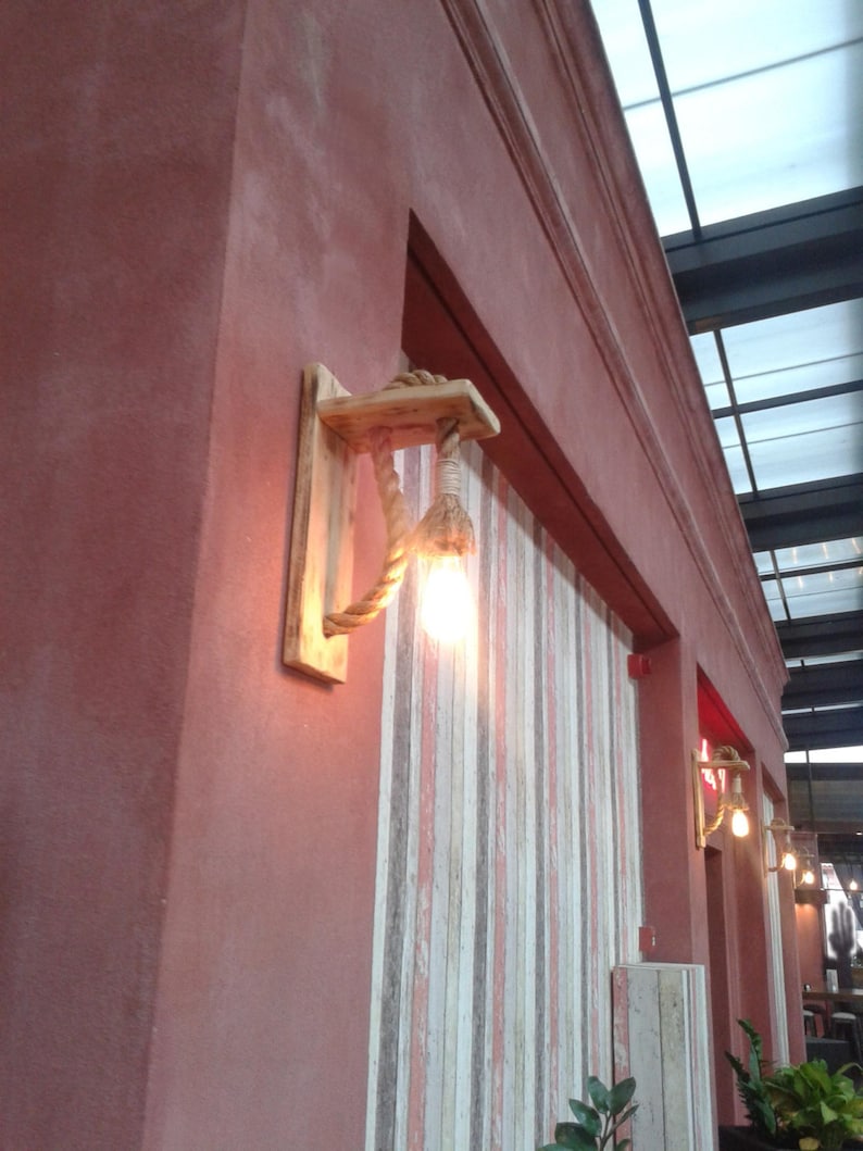 Wooden Wall Lamp With Rope, Reclaimed Wood Wall Lamp With Rope, Rope ...