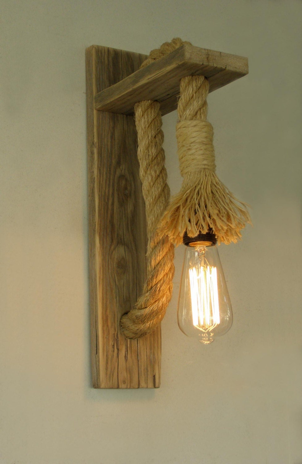 Wooden Wall Lamp With Rope, Reclaimed Wood Wall Lamp With Rope, Rope ...