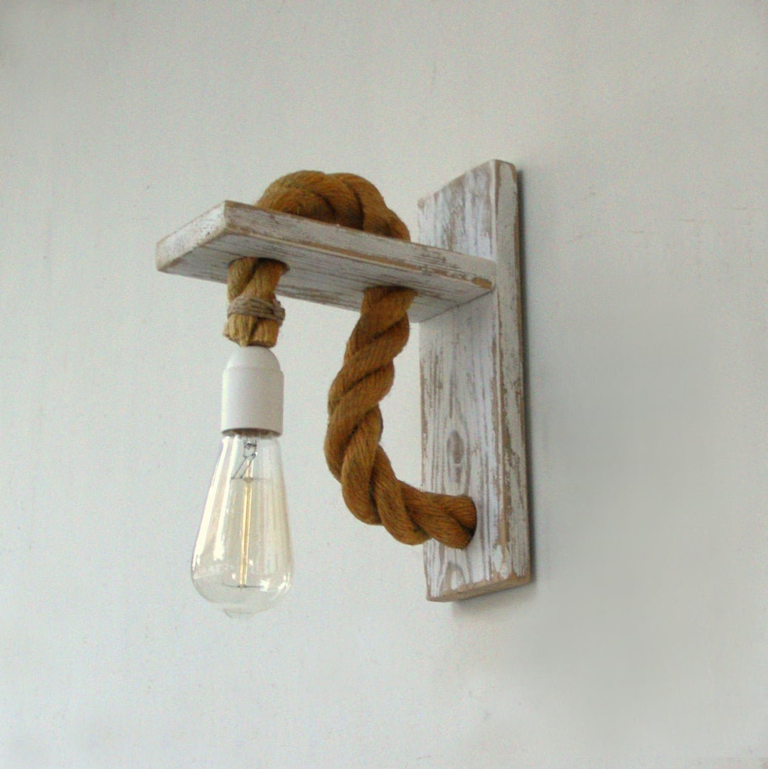 Reclaimed Wood Sconce With Rope, Rope Wall Lamp Lighting, Industrial ...