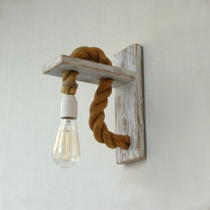 Reclaimed Wood Sconce With Rope, Rope Wall Lamp Lighting, Industrial ...