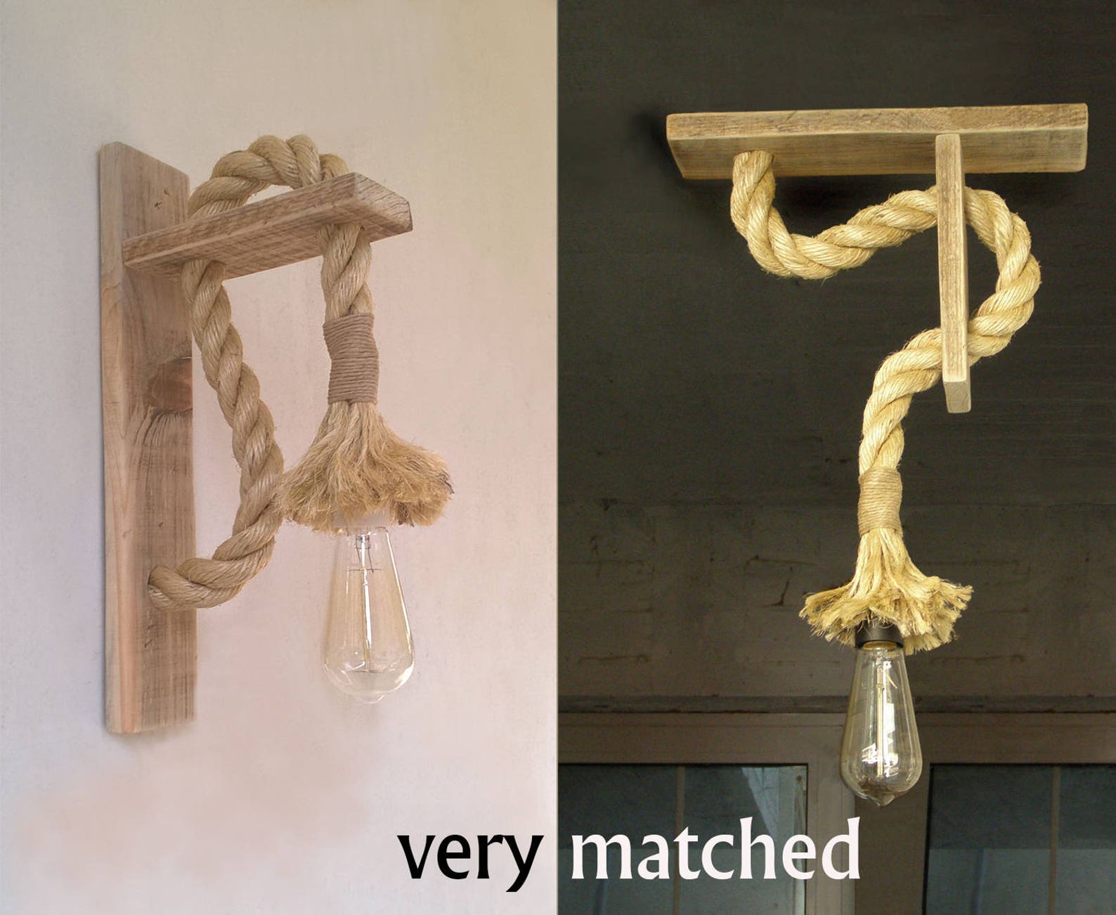 Wooden Wall Lamp With Rope, Reclaimed Wood Wall Lamp With Rope, Rope ...