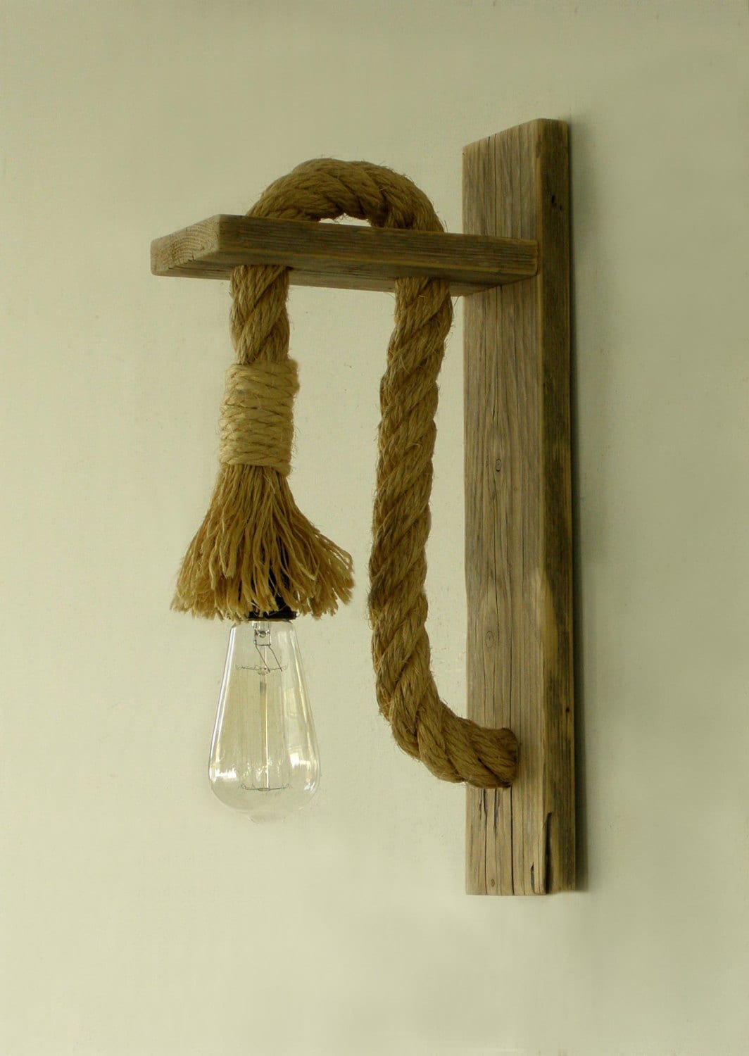 Wooden Wall Lamp With Rope, Reclaimed Wood Wall Lamp With Rope, Rope ...