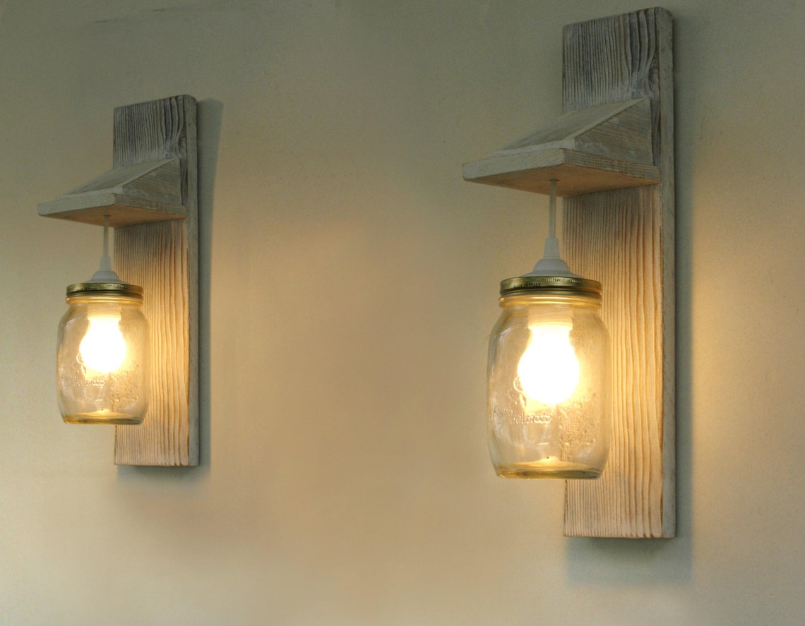 Pair of Wall Lamp, Reclaimed Wood Wall Sconce, Mason Jar Lighting, Wall ...