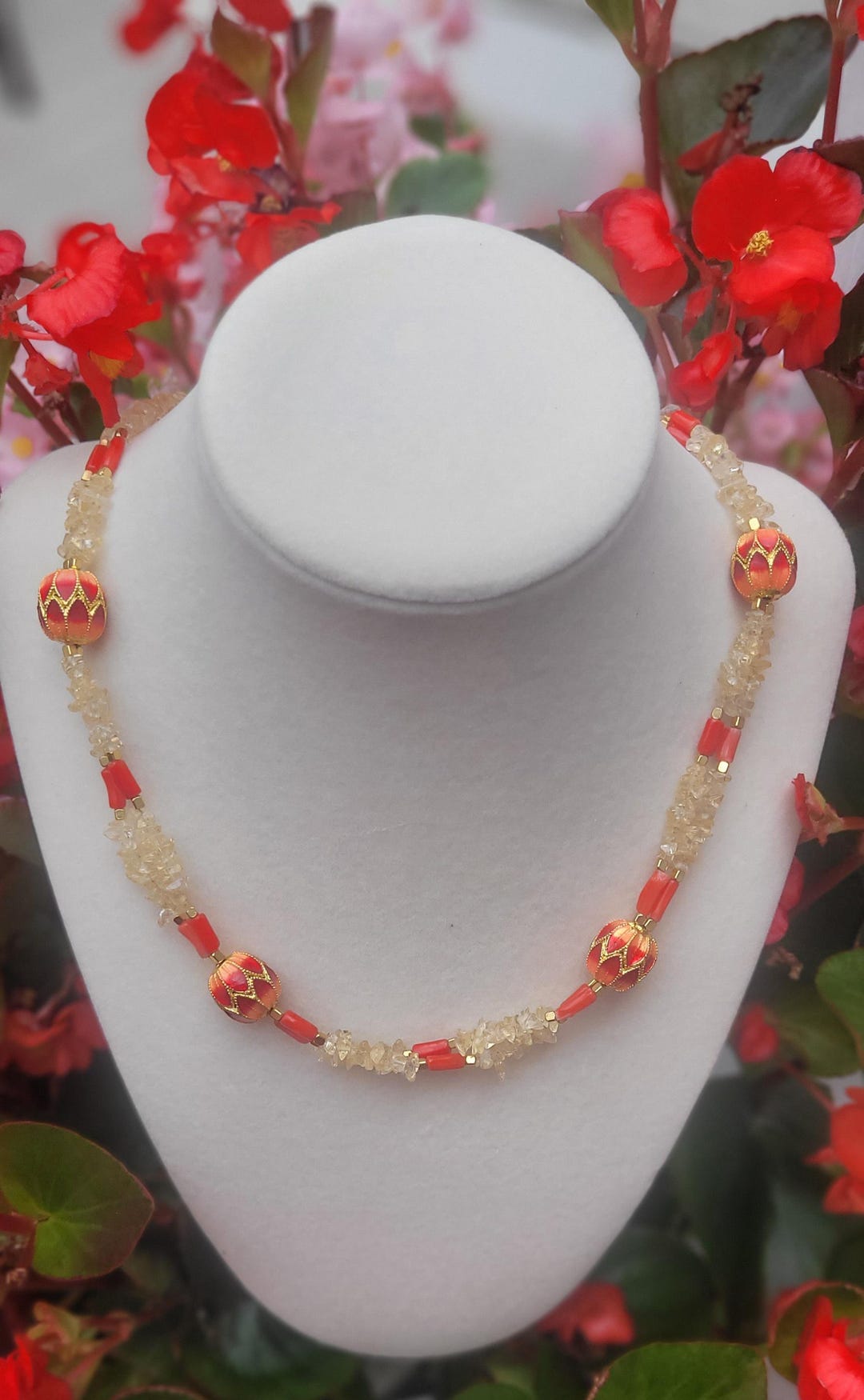 Citrine, Red Coral, Fiery Cloisonne Necklace - Etsy