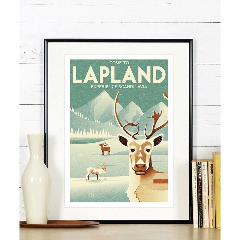 Scandinavia, Lapland, Retro Art Print, Travel Poster, Reindeer ...