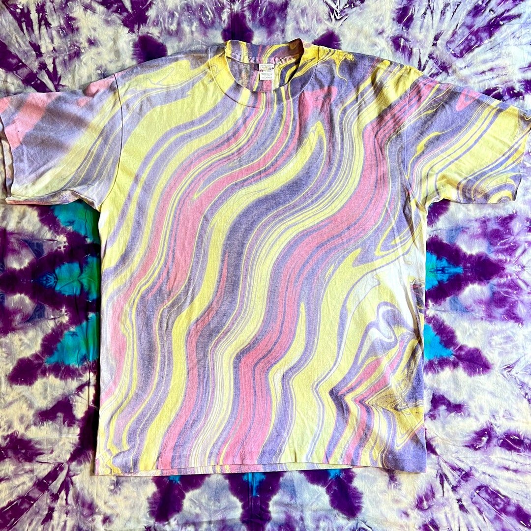 Vintage 80s Yellow, Purple, Pastel Pink & White Suminagashi Marble Dye ...