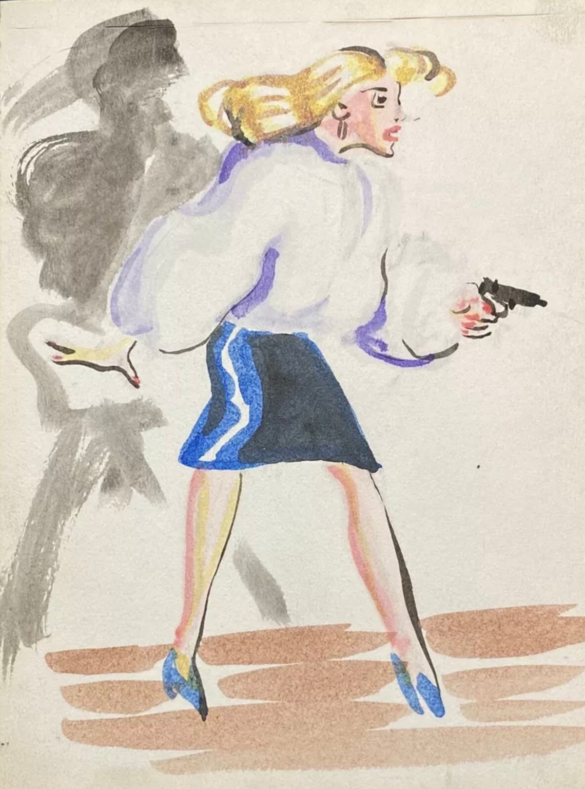 Vintage 50s Pulp Fiction Pin up Girl With a Gun Watercolor - Etsy