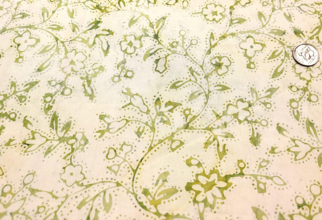 Cream Batik With Green Floral Print by Island Batiks Fabric by the Half ...