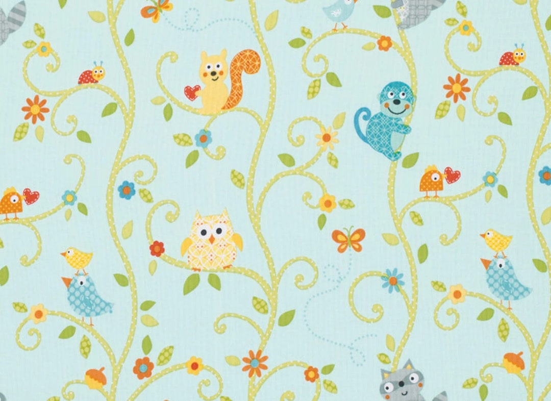 Cartoon Animal Fabric: Dena Designs, Light Blue Woodland Print by the ...