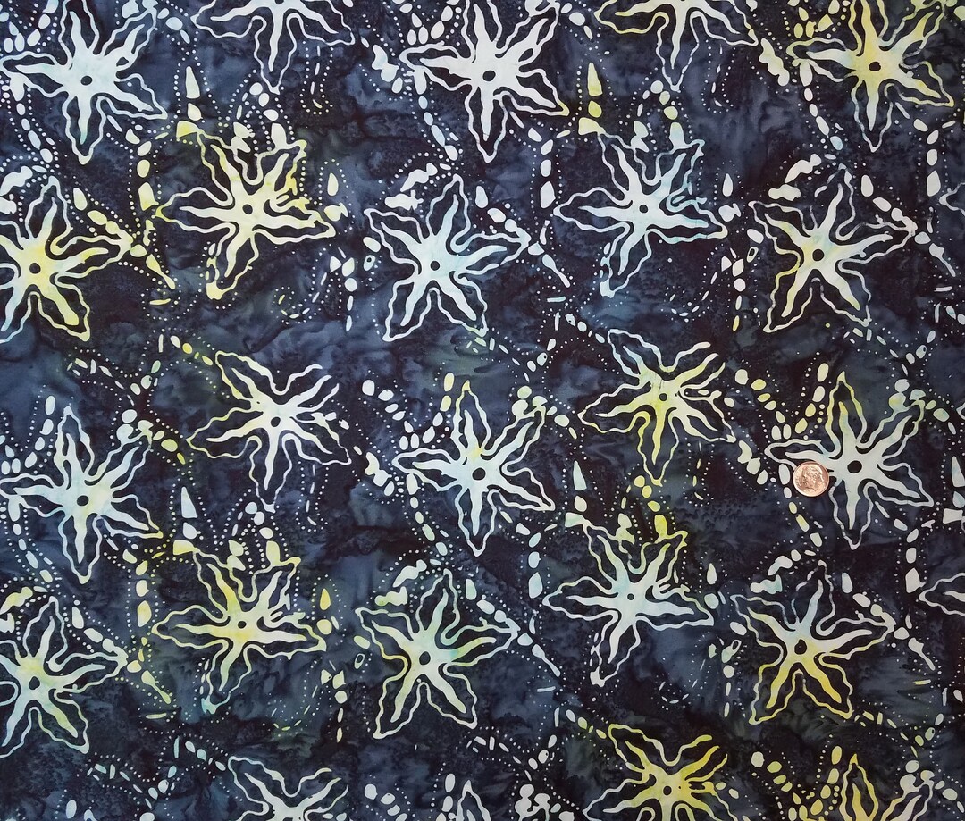 Deep Blue Background With Aqua and Green Starfish and Dots Batik Fabric ...