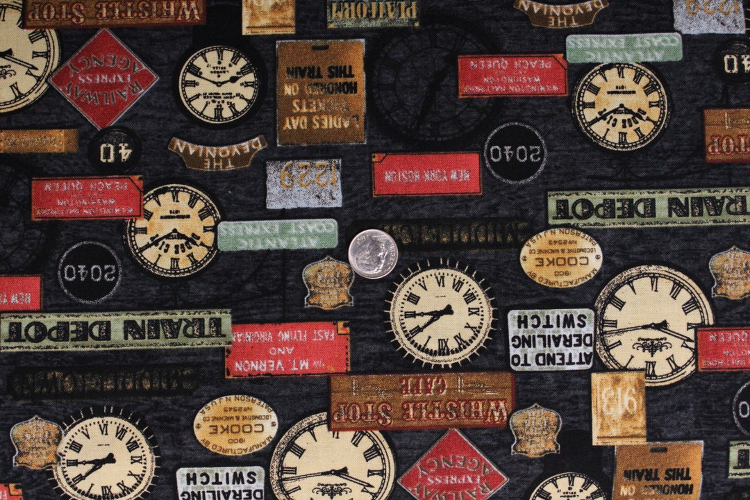 Locomotion Black Train Depot Signs by Bristol Bay Studio for Benartex ...
