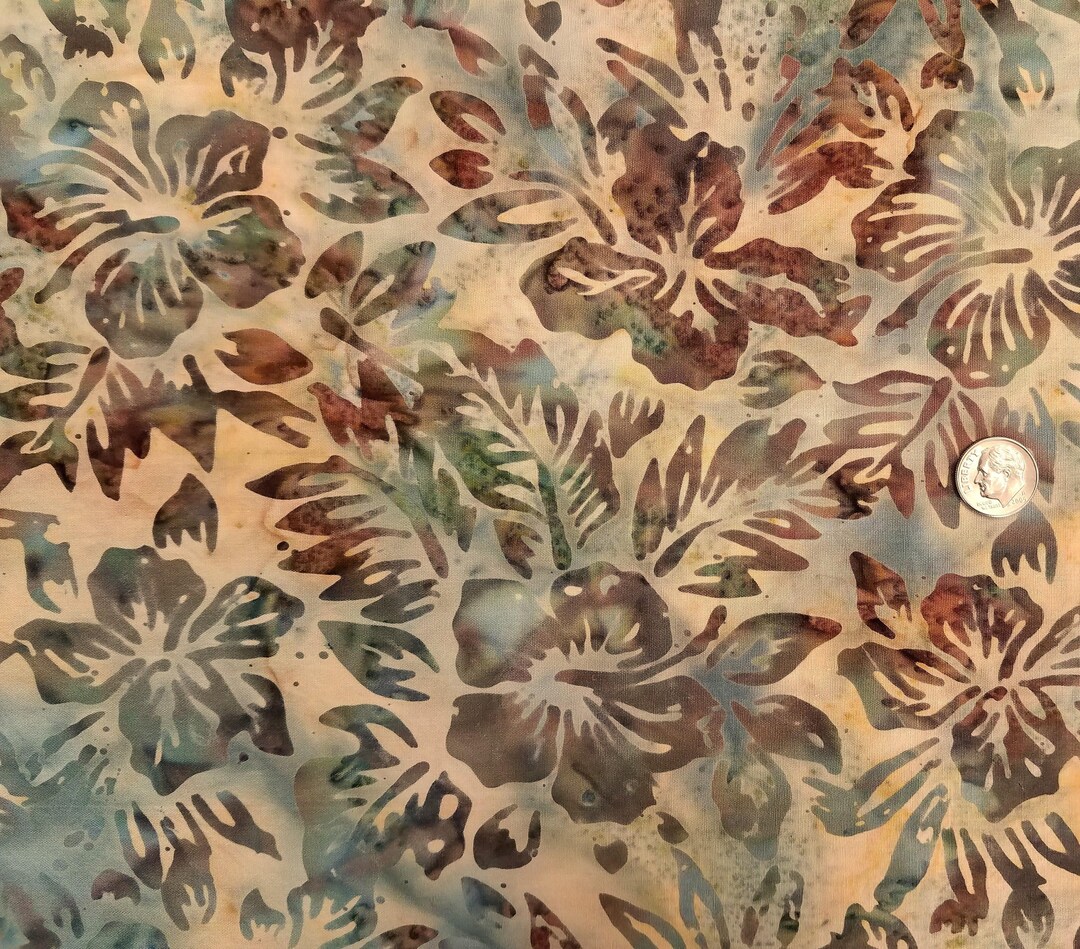 Blue, Green, Brown, Cream, and Gold Batik With Leaves Batik by the Half ...