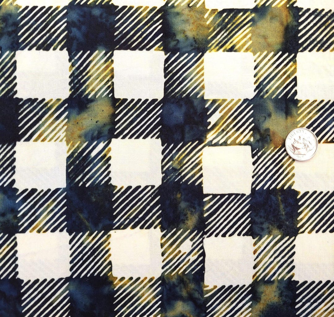 Dark Blue, Gold, and Cream Batik With Buffalo Plaid Print Batik by the ...
