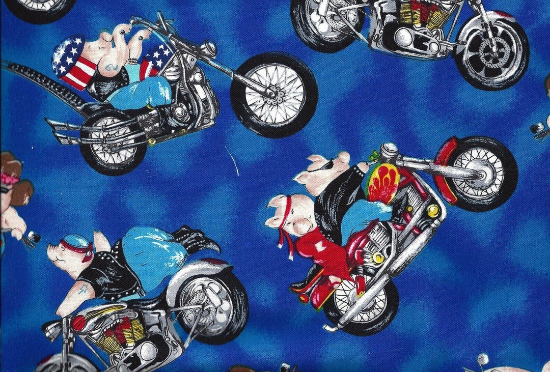 Biker Pigs Fabric: Red, Yellow, Blue Motorcycles Fabric by the Half ...