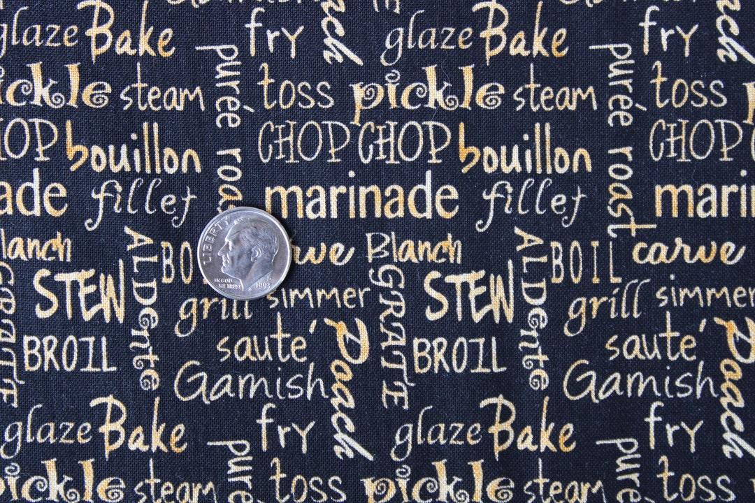 Black and Gold Culinary Phrases Fabric Marinated Chicken by Debi Hubbs ...