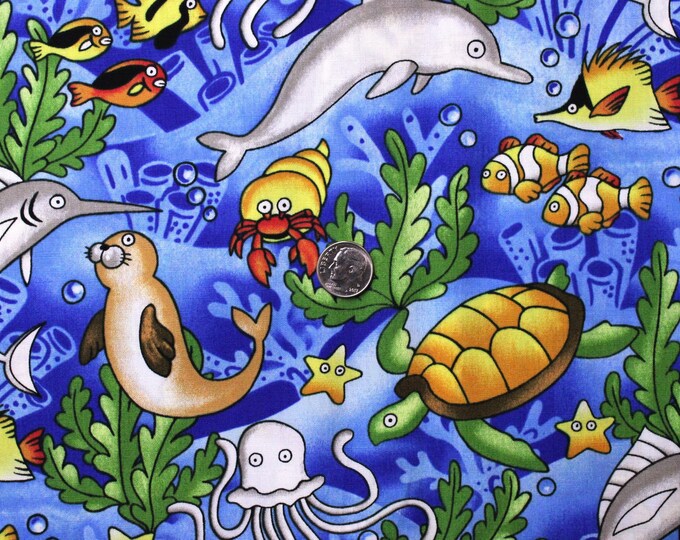 Hawaiian Blue Broadcloth Sea Animals by Trans-pacific Textiles Blue ...