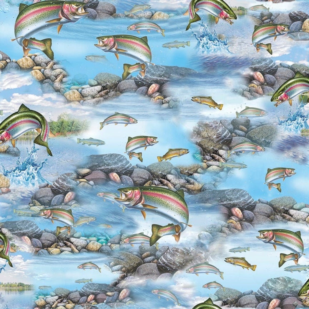 Artworks XV by Jon Q Wright for QT Fabrics Scenic Fabric With Rainbow Trout Swimming Fabric by ...