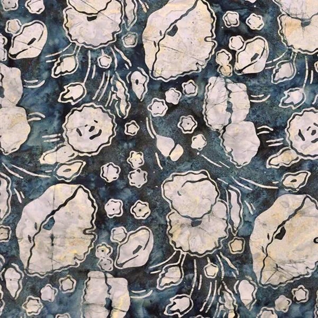 Dark Blue Floral Batik With Light Gray Flowers Batik by the Half Yard ...
