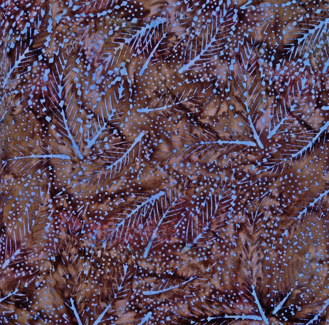 Brown Batik Fabric With Blue Leaves and Dots by the Half Yard - Etsy