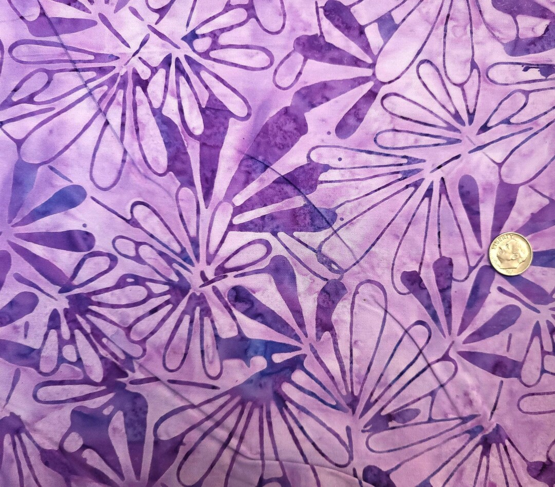 Floral Batik Fabric: Light Purple With Violet Flowers by the Half Yard ...