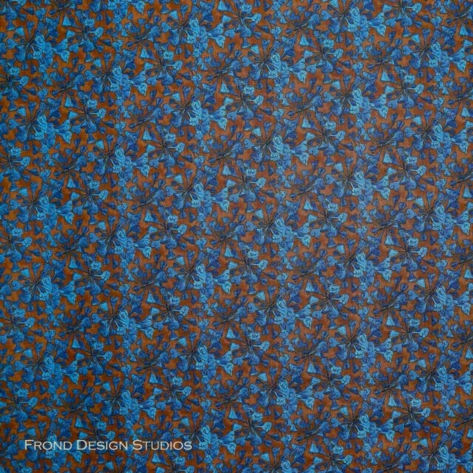 Bluebell Floral Fabric: Brown & Dark Blue Frond Design Fabric by the ...