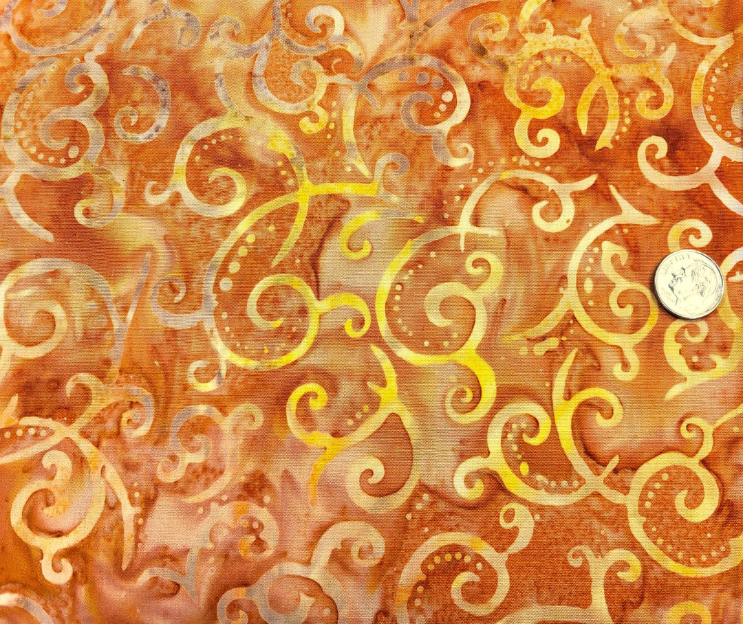 Burnt Orange Batik With Yellow Spiral Designs Batik Fabric by the Half ...