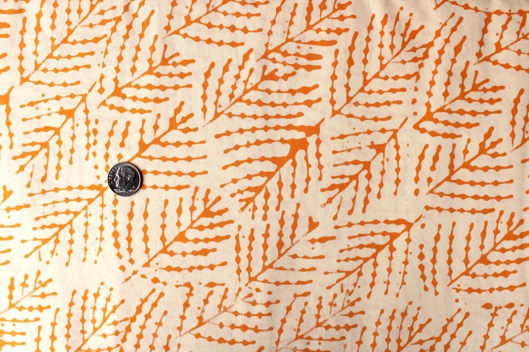 Cream Batik Fabric With Orange Leaf Design by Mirah Batik Fabric 12.5 ...