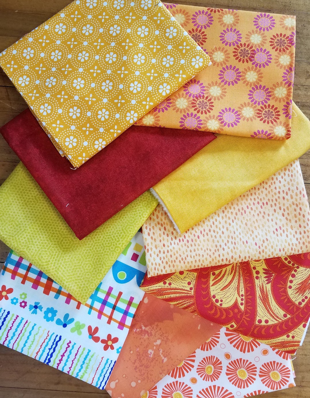 Fat Quarter Bundle With 10 Various Orange, Yellow, Red, Blue, and White ...