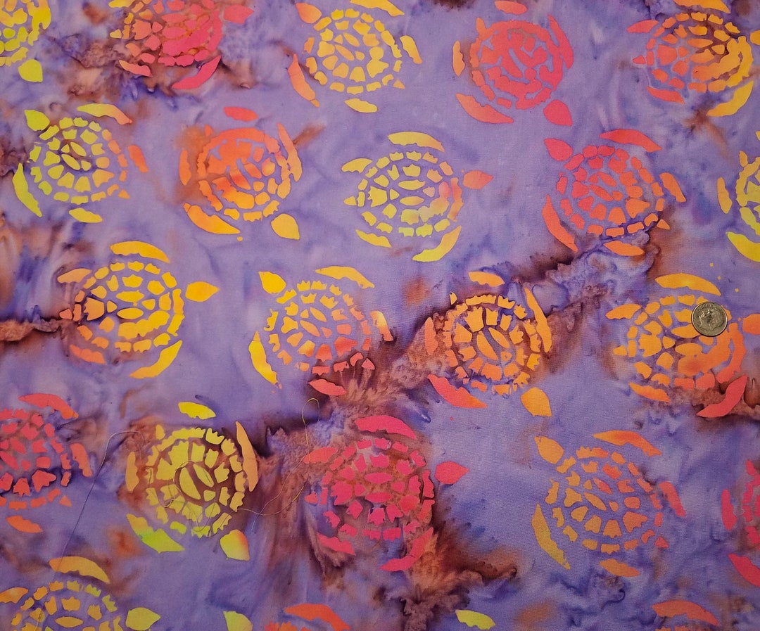 Sea Turtle Batik Fabric: Purple, Red, Green, and Yellow by the Half ...