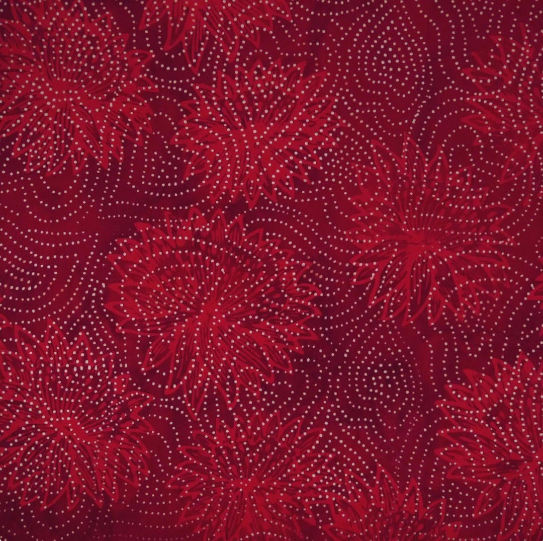 Dark Red Floral Batik With White Dotted Hearts and Light Red Flowers ...