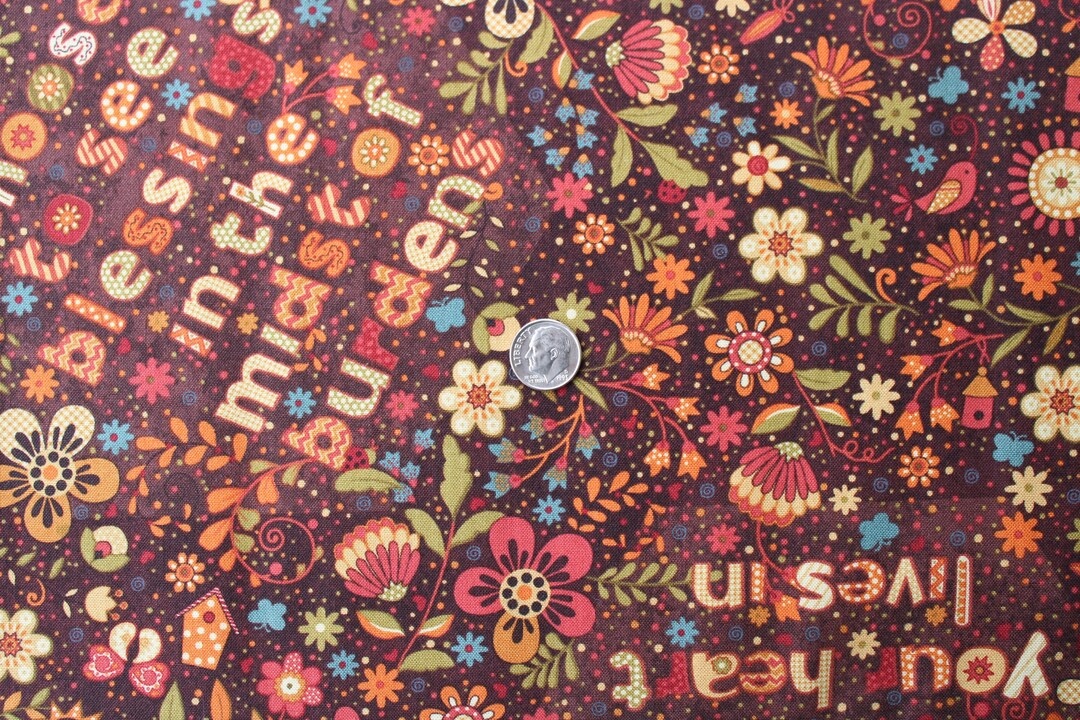 Brown Floral Fabric: Butterflies & Positive Words by the Half Yard 14C ...