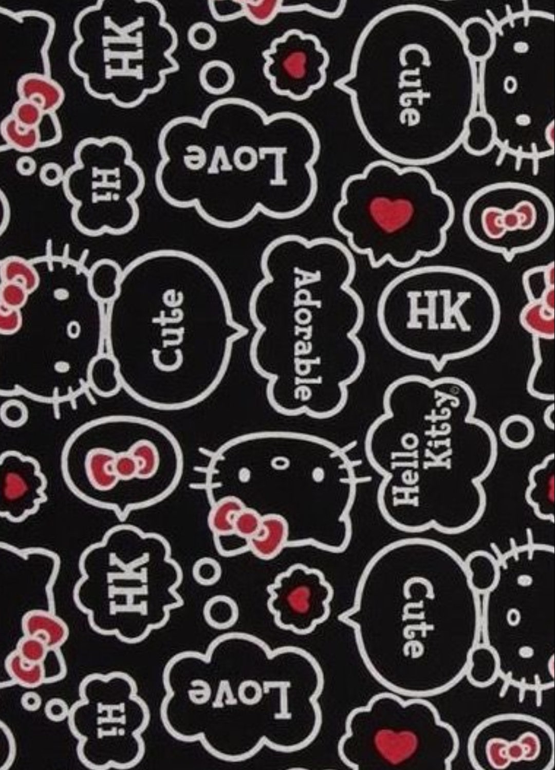 Hello Kitty Black, White, Red Fabric With Hearts and Bows Thought ...