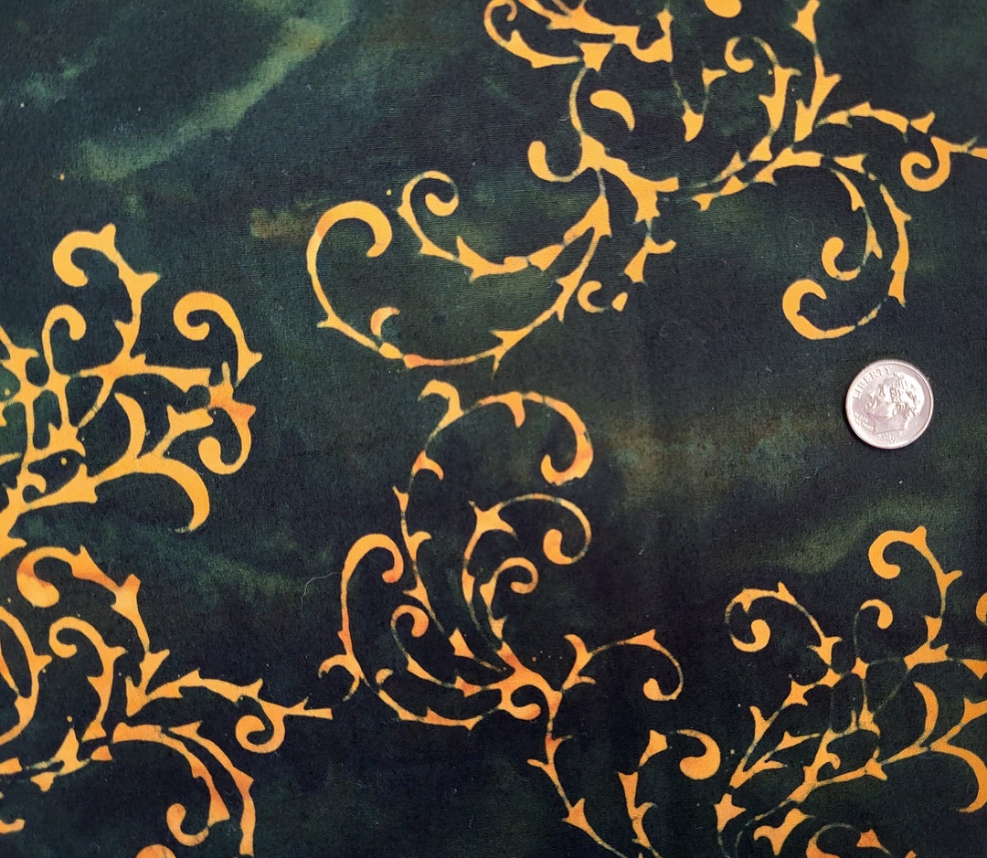 Dark Emerald Green Background With Orange Scroll Print Mirah Batik ...