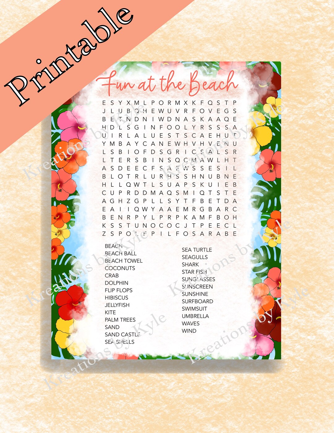 Beach Word Search Printable - Summer Game - Party Craft - Tropical ...