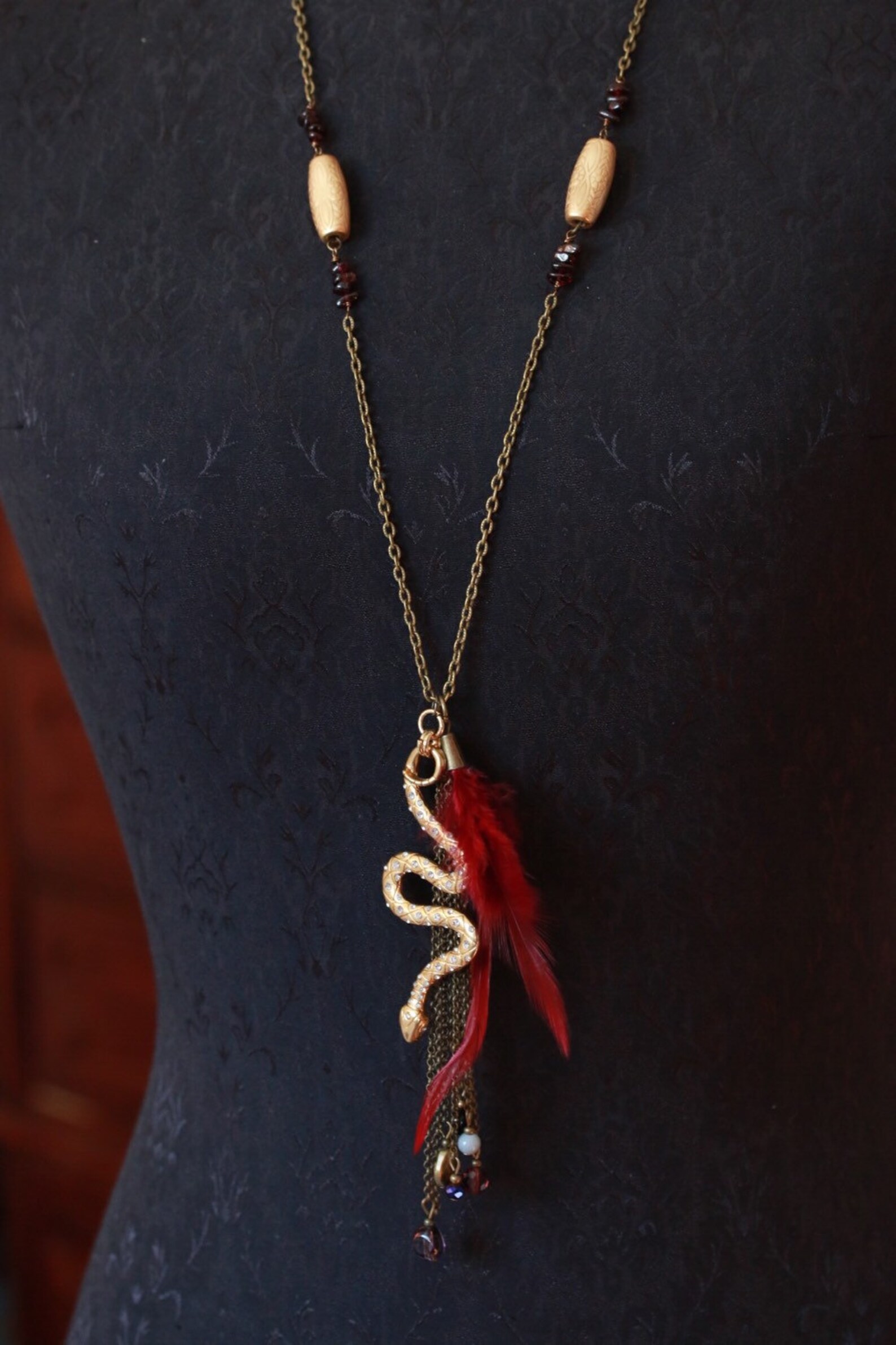 Golden Snake Necklace With Beaded Chain Tassel and Red - Etsy