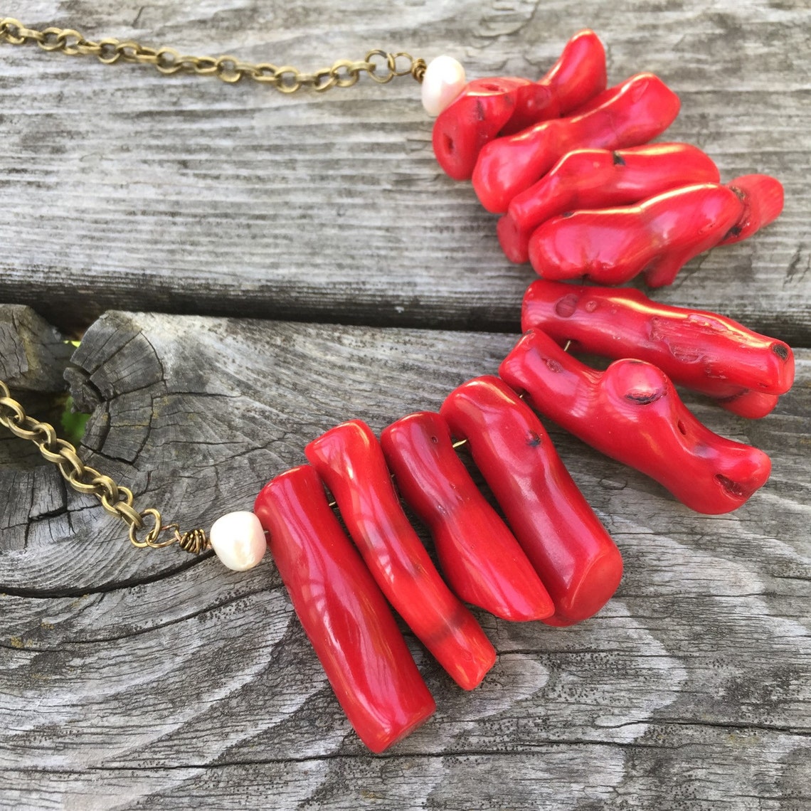 Red coral bamboo & freshwater pearls bib statement necklace | Etsy