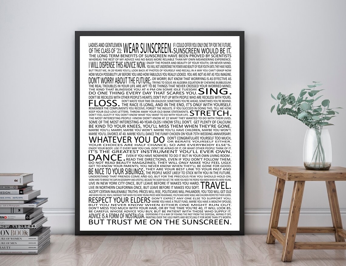 Wear Sunscreen Baz Luhrmann Song Lyrics Life Advice | Etsy