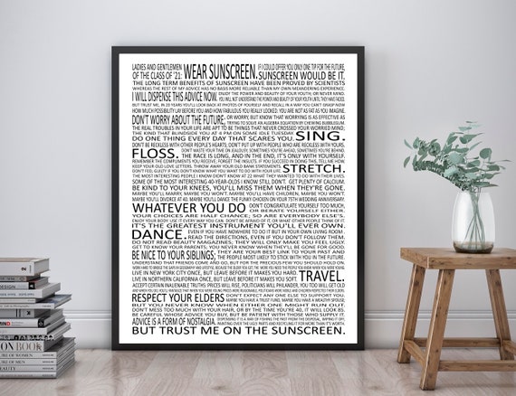 Wear Sunscreen Baz Luhrmann Song Lyrics Life Advice - Etsy