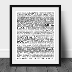 Wear Sunscreen - Baz Luhrmann Song Lyrics Poster Print | Unframed ...