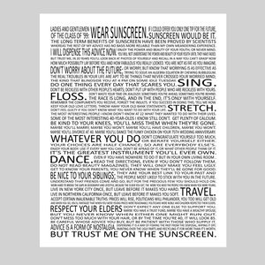 Wear Sunscreen - Baz Luhrmann Song Lyrics Poster Print | Unframed ...