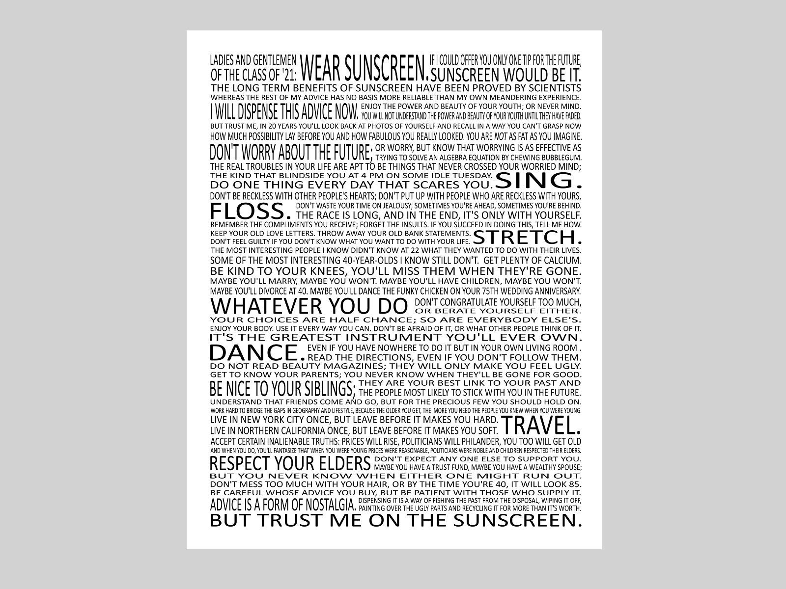 Wear Sunscreen Baz Luhrmann Song Lyrics Life Advice - Etsy
