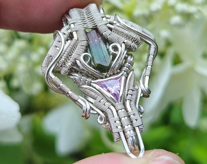 Tourmaline & Zircon Wire Wrap Pendant // Sterling Silver and 14k Gold ...