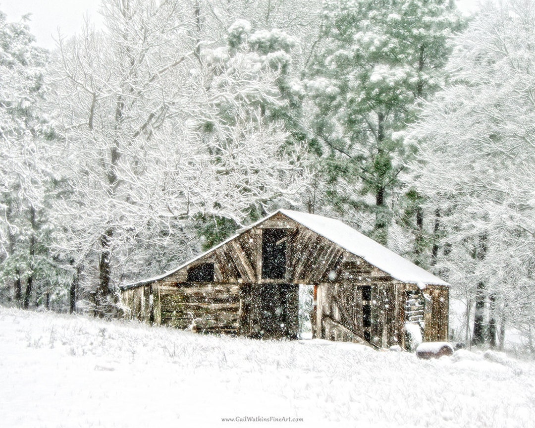 Rustic Winter Barn Wall Decor, Weathered Barn in Snow Landscape ...